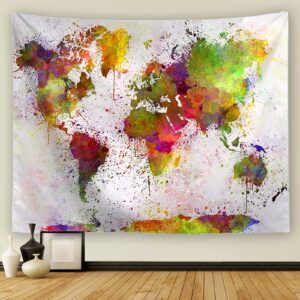 yeacun colorful world map tapestry abstract splatter watercolor painting tapestries wall hanging art wall hanging for living room bedroom dorm home decor(80l x 60w inches)