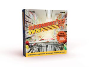 supermarket sweep game, race against time, grab the priciest products to win, question categories from tv show, aisle of champions, on your carts, get set, go, ages 12+