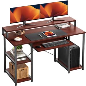 noblewell computer desk with storage shelves, 47 inch home office desk with monitor stand, writing desk table with keyboard tray (cherry)