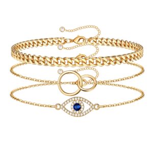 layered evil eye bracelets for women, 14k gold filled delicate cz evil eye bracelet layering gold cuban chain bracelet infinity circle dainty evil eye bracelets for women jewelry