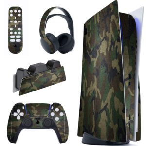 playvital army green camouflage full set skin decal for ps5 console disc edition, sticker vinyl decal cover for ps5 controller & charging station & headset & media remote