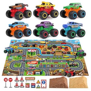 oriate monster trucks playset for boys, include 6 pack chaos diecast monster toy vehicle truck w/ 47"x 31" activity play mat, kids mini car set for kids gifts style2