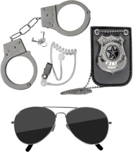 skeleteen kids detective set accessories - cool special agent spy gadgets equipment for detective costumes with sunglasses, ear piece, badge, and handcuffs