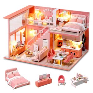 gudoqi diy miniature dollhouse kit, mini dollhouse kit with furniture, tiny house kit plus dust cover, diy miniature kits, gift for birthday easter day, sweet angel