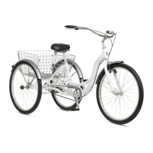 schwinn meridian adult tricycle bike, mens and womens three wheel beach cruiser, 26-inch wheels, low step-through frame, wide seat, rear folding basket, single-speed, white