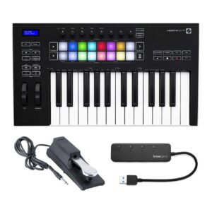 novation launchkey 25 (mk3) 25 full size key midi keyboard bundle with sustain pedal and 4-port usb 3.0 hub (3 items)