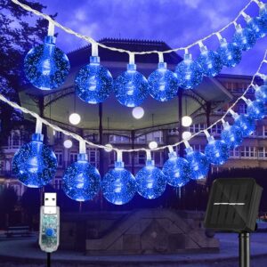 yzixnuy solar string lights outdoor waterproof, 30.2ft 60 led crystal globe fairy lights solar powered& usb plug-in powered with 8 lighting modes for indoor outdoor party home backyard wedding (blue)