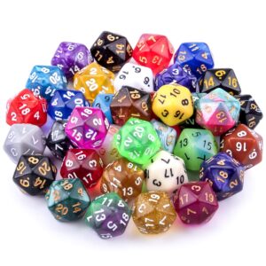 austor 35 pieces polyhedral dice 20 sided game dice set mixed color 20 sides dice assortment with a black velvet storage bag for dnd rpg mtg table games