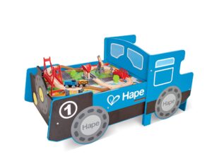 hape wooden blue foldable ride-on train table