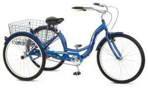 schwinn meridian adult tricycle bike, mens and womens three wheel beach cruiser, 26-inch wheels, low step-through frame, wide seat, rear folding basket, single-speed, blue