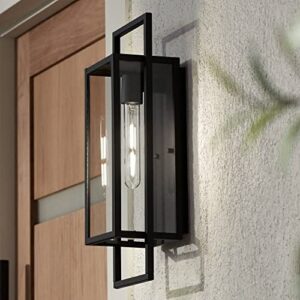 possini euro design jericho modern industrial outdoor wall light fixture textured black metal 19" clear glass panel for exterior house porch patio outside deck garage yard front door garden home