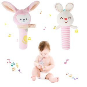 funsland baby rattles toys soft plush hand rattles hand grip toys stuffed animal rattles shaker for 3 6 9 12 months infants newborn 2 pack