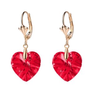 austrian crystal heart drop leverback earrings for women fashion dangle earring 14k rose gold plated hypoallergenic jewelry (red)