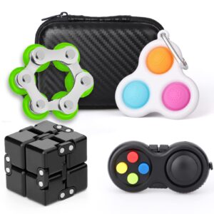 cool pop fidget toys set, fidget pad controller, infintiy cube, pop bubble, sprocket chain gadget, sensory anti anxiety stress relief silicone desk toys,party favours gifts for kids adults (4 pack)