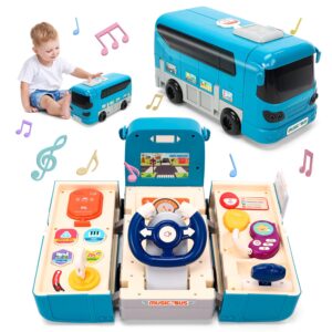 cute stone bus car toy, kids play vehicle with sound and light, simulation steering wheel, musical school bus toy for toddler, educational bus driving toy gift for toddlers boys & girls