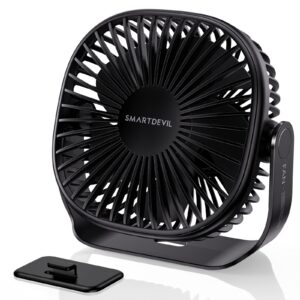 smartdevil small rechargeable desk fan, 3 speeds 2000mah portable personal battery operated desktop fan with pasteable hook, dual 360° adjustment quiet table fan, for home office outdoor (black)