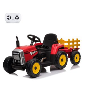 nasitip 12v kids battery powered electric tractor with trailer, toddler ride on car w/remote control, 7-led headlights, 2+1 gear shift, mp3 player usb port for kids 3-6 years (red, 35w/ eva tire)