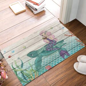 aomike indoor outdoor doormat summer style beautiful elegant mermaid sea turtle coral retro wood grain entrance door mat durable floor mat low-profile rug for home office garden, 18" x 30"