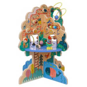 manhattan toy playground adventure wooden toddler activity center with gliders, abacus track, spinners, spring toys and bead runs