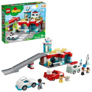 lego duplo parking garage and car wash set 10948, learning toy for toddlers with garage, gas station & toy cars, gifts for 2 plus year old boys & girls