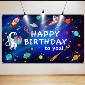 space happy birthday backdrop, 6x3.6ft astronaut rocket birthday banner, space party decorations for children's birthday galaxy planet party