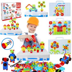 stem toys 232 pcs drill set building blocks, diy educational construction engineering toys, creative mosaic electric drill set gift for age 3-8 years old boys kids, girls