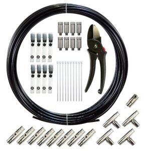 hydromist 1/4 inch high-pressure hose kit with 8 nozzles, mist line kit, 50 ft. nylon hose, tube cutter, used to cut and assemble high-pressure tubing and fittings, black