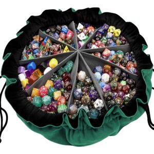 siquk large dice bag with pockets big capacity dice bag drawstring dice pouch dnd dice storage bag for rpg mtg table games, hold over 300 dice, dark green