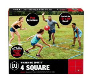 wicked big sports 4 square game with court lines for outdoor play in the backyard, beach, park, fun for all, red (1925)