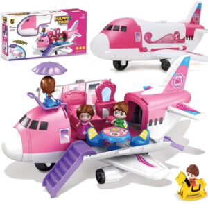 pink airplane toy private jet transport cargo vehicle - big large aircraft plane with figures and beauty accessories pretend playset for toddler girls