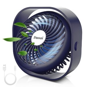 mini usb desk fan battery operated, duoai 2500mah desktop rechargeable small quiet personal fans portable with 360°rotation 3 speeds for office home library dorm bedroom car outdoor travel, blue