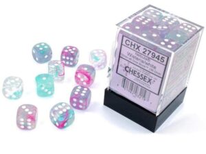 chessex nebula 12mm d6 wisteria/white w/luminary dice block (36 dice) blue