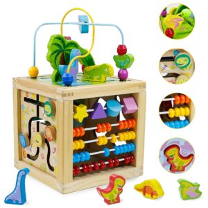 fajiabao baby wooden activity cube - toddler activity center baby toys 12-18 months 1 2 3 year old boy girls gifts with bead maze sorter abacus montessori dinosaur toys educational learning for kids