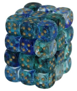 chessex nebula 12mm d6 oceanic/gold w/luminary dice block (36 dice), blue