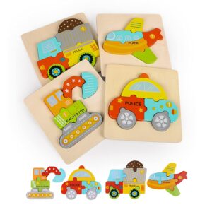 phoohi wooden puzzles for toddlers 1-3 years 4pcs vehicle traffic puzzles early learning educational montessori preschool wooden toys for 2 year old boys gift