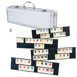 106 rummy tiles game, rummy cube sets travel game outlasting color with aluminum case & 4 anti-skid durable trays. board. 106 tile, 4 players. deluxe edition.