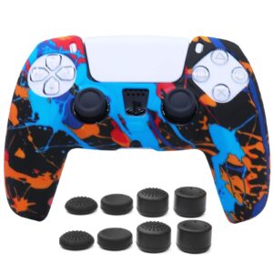 silicone skin case cover for playstation 5 controller,anti-slip protector case for ps5 wireless controller accessories with 8 thumb grips caps (blue painting)