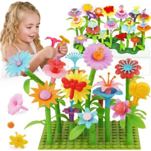 iqkidz 3-6 years old toddler toys - flower garden building toy with insect pegs, educational activity gifts for girls preschool-kindergarten, 153pcs stem stacking pretend play set