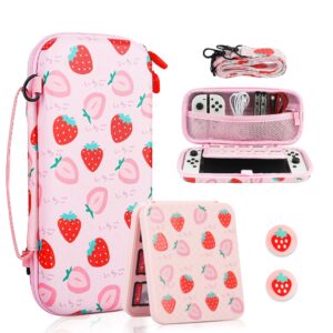 fanpl carrying case for nintendo switch & switch oled, pink cute strawberry travel hard protectiv case for switch with adjustable shoulder strap, game case, thumb grips - super soft plush lining