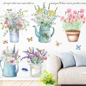 flowers butterfly wall stickers spring garden potted plant wall decals removable diy peel and stick art murals for bedroom living room kitchen nursery classroom home decoration (flower)