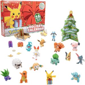 pokemon 2024 holiday advent calendar for kids, 24 gift pieces - includes 16 toy character figures & 8 christmas accessories - ages 4+