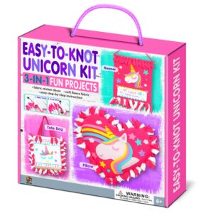 c.s. kids easy-to-knot unicorn themed 3 in 1 diy kit | fun diy arts and craft gifts make your own for kids | educational guides to create knotted tote bag, pillow and banner