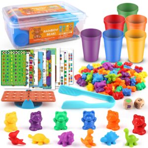 rainbow counting bears activity toys set 92pcs,number color recognition games matching sorting cups libra little dinosaur and dice,early educational toys gift for 3 4 5 6 year olds kids girls boys