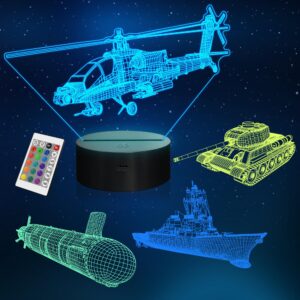 yuandian military weapons 3d lamp kits,navy gguided missile destroyer, submarine,tank,helicopter 3d night light for kids (4 patterns) with remote control & 16 colors light