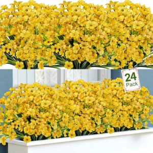 ouddy decor 12 bundles artificial flowers for decorations fake silk plants for outdoors uv resistant faux plastic greenery stems for garden porch window box home spring decor, yellow