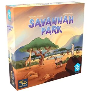 capstone games: savannah park, strategy board game, simple gameplay, highly interactive strategies, 1 to 4 players, 20 to 40 minute play time, ages 8 and up