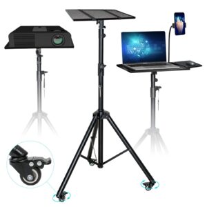 projector stand, sturdy durable metal laptop tripod stand with wheels, folding floor tripod stand with tray, adjustable height portable dj equipment stand for indoors and outdoors (43 inch - 73 inch)