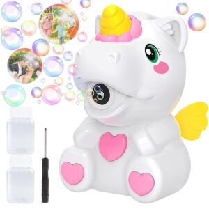 apfity bubble machine for kids, automatic bubble maker machine toy for boy girl toddlers, unicorn portable bubble blower with bubble solution for indoor outdoor, 3aa battery needed