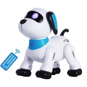 yiman remote control robot dog toy, programmable interactive & smart dancing robots for kids 5 and up, rc stunt toy dog with sound led eyes, electronic pets toys robotic dogs for kids gifts blue