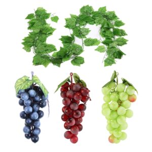 artificial grapes, 3 bunches of fake decorative grapes simulation fruit with artificial vines lifelike leaves hanging ornaments for wedding home party garden wall fruit wine decor